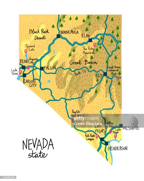 Map Of Nevada State Of The Usa With Landmarks High Res Vector Graphic