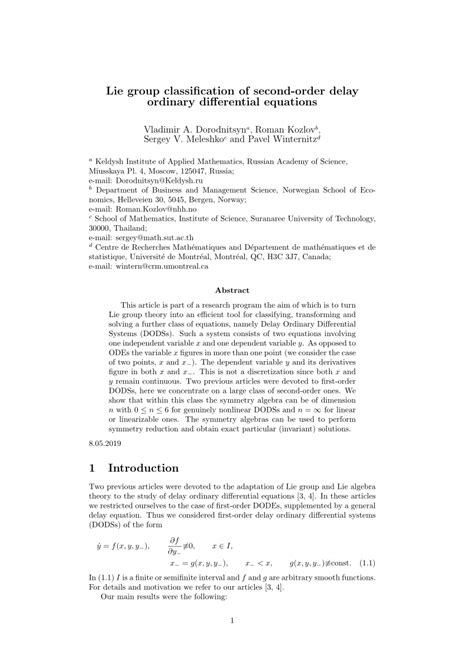 Pdf Lie Group Classification Of Second Order Delay Ordinary Differential Equations
