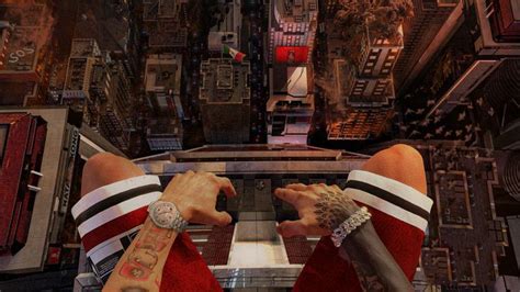 A Person With Tattoos On Their Legs Sitting In Front Of A Cityscape And