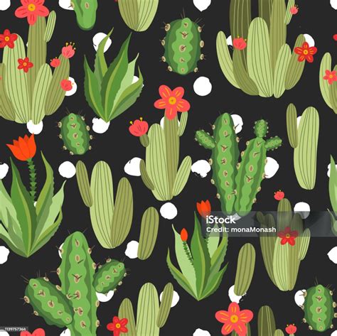 페루 선인장 식물 그림 흑인과 백인 폴카 도트 배경에 벡터 완벽 한 패턴입니다 여름 식물 0명에 대한 스톡 벡터 아트 및 기타 이미지 Istock