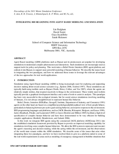 Pdf Integrating Bdi Reasoning Into Agent Based Modeling And Simulation