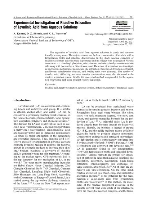 Pdf Experimental Investigation Of Reactive Extraction Of Levulinic