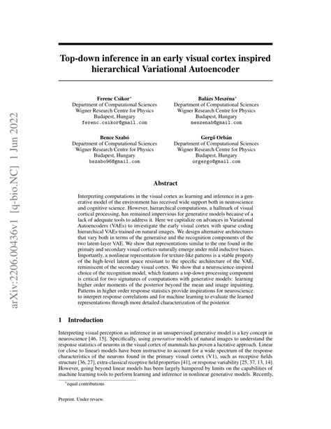 Pdf Top Down Inference In An Early Visual Cortex Inspired Hierarchical Variational Autoencoder