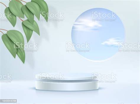 제품 연단 푸른 하늘과 녹색 나뭇잎 빈 무대 제품 프레젠테이션을 위한 디스플레이 받침대 또는 플랫폼 스튜디오의 구름 장면
