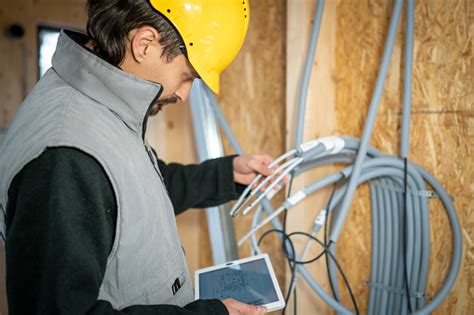 건설 현장에서 전기 케이블을 연결하는 남성 전기 엔지니어 설치에 대한 스톡 사진 및 기타 이미지 설치 케이블 건설 현장 Istock