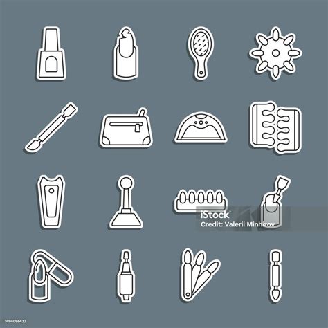 세트 라인 큐티클 푸셔 매니큐어용 밀링 커터 발가락 분리기 페디큐어 네일 파일 화장품 가방 매니큐어 병 및 매니큐어 램프 아이콘 벡터 0명에 대한 스톡 벡터 아트 및 기타