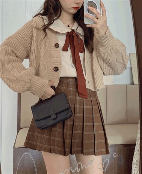 [롯데월드 교복]크롭 니트 가디건 벌룬소매 꽈배기 골지 도톰