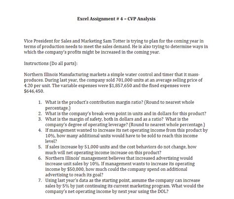 Solved Excel Assignment 4 Cvp Analysis Vice President