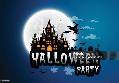 유령 집과 마녀와 귀신 할로윈 밤 배경 보름달 벡터 일러스트입니다 공포 무서움에 대한 스톡 벡터 아트 및 기타 이미지 공포