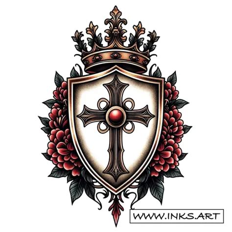 Tattoo Design Crusader Shield With Royal Cross Style Neotraditional