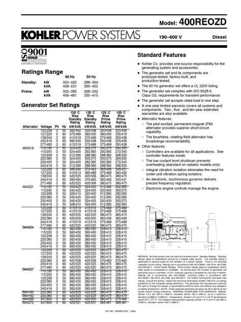 Kohler 400reozd Detroit Diesel Series 60 Engine Spec Sheet Engines Diesel Engine