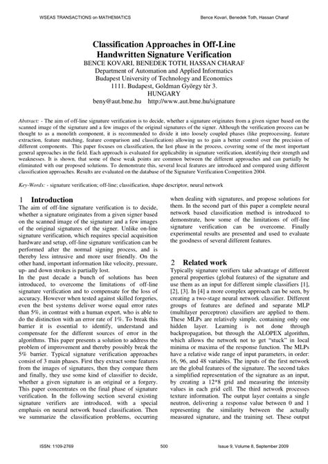 Pdf Classification Approaches In Off Line Handwritten Signature Verification