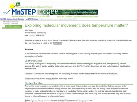 Serc Exploring Molecular Movement Does Temperature Matter Lesson Plan For 3rd 5th Grade