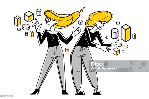 어떤 일을하고 어떤 시스템을 만드는 창조적 인 노동자 영감을받은 독창적 인 디자이너 또는 엔지니어는 추상 요소 벡터 개요 그림을 구성합니다 가공의 인물에 대한 스톡 벡터