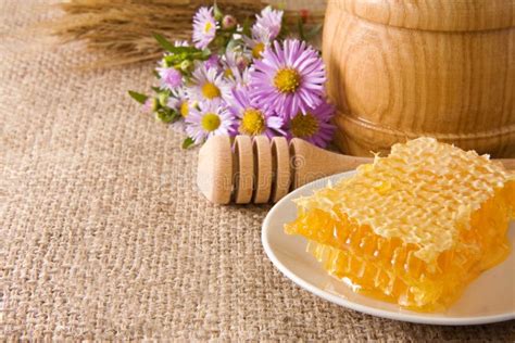 Honeycomb Flowers And Honey In Pot On Sack Stock Image Image Of Food