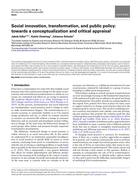 Pdf Social Innovation Transformation And Public Policy Towards A Conceptualization And