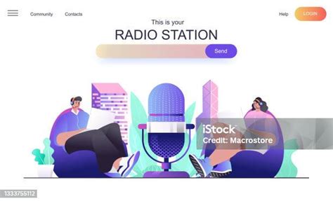 랜딩 페이지에 대한 라디오 방송국 웹 개념입니다 라디오 프로그램의 발표자는 마이크 남자와 여자 Dj 방송 배너 템플릿에 말한다 플랫 만화 디자인의 웹 페이지에 대한 벡터