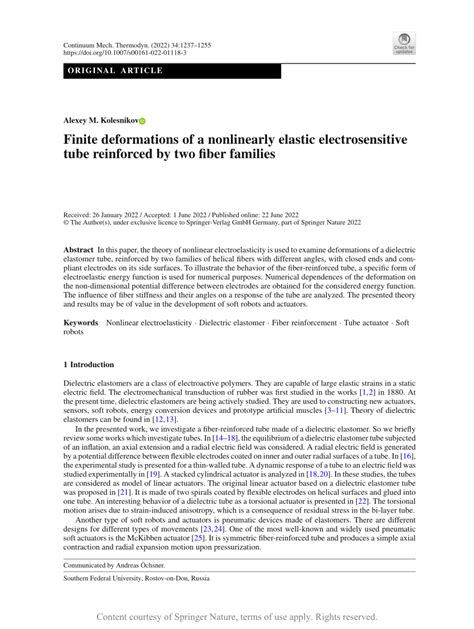 Finite Deformations Of A Nonlinearly Elastic Electrosensitive Tube