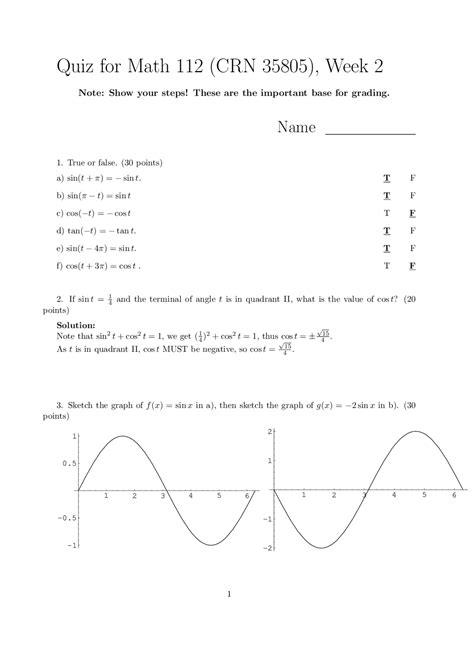 Solutions To Class Quiz Elementary Functions Math 112 Docsity