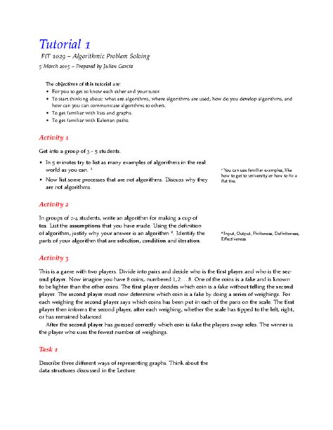 Algorithmic Problem Solving Tutorial Work Tutorial 1 Tutorial 1 Fit 1029 Algorithmic