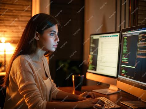 Women Coders Working Late Into The Night Nighttime Software Development By Female Engineers