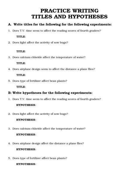 Writing A Hypothesis Statement Worksheet