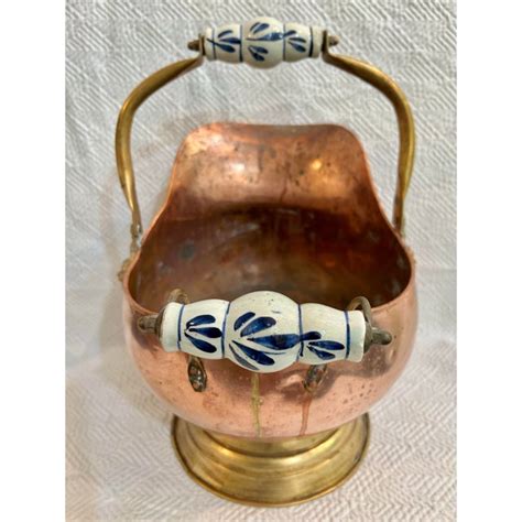 Vintage Copper And Brass Scuttle Bucket With Lions Head And Delft Handles Chairish