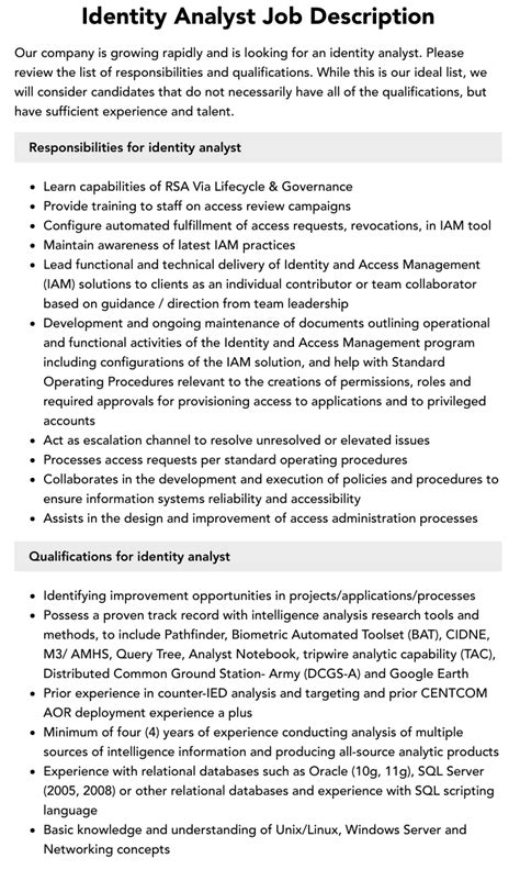 Identity Analyst Job Description Velvet Jobs