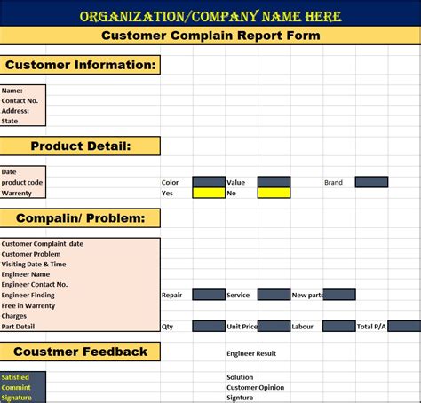 Customer Complain Form Templates Excel Word Template