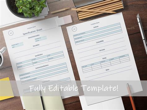 Spec Sheet Template Product Specification Sheet Data Sheet Editable Download Instant