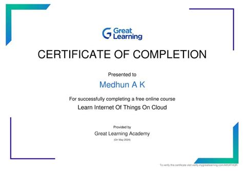 completed learn internet of things on cloud course medhun a k posted