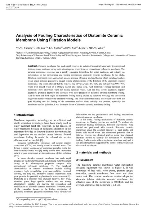 Pdf Analysis Of Fouling Characteristics Of Diatomite Ceramic Membrane Using Filtration Models