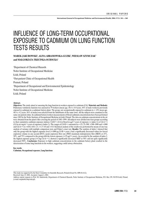 Pdf Influence Of Long Term Occupational Exposure To Cadmium On Lung