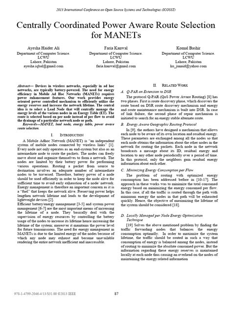 Centrally Coordinated Power Aware Route Selection For Manets Pdf Wireless Ad Hoc Network