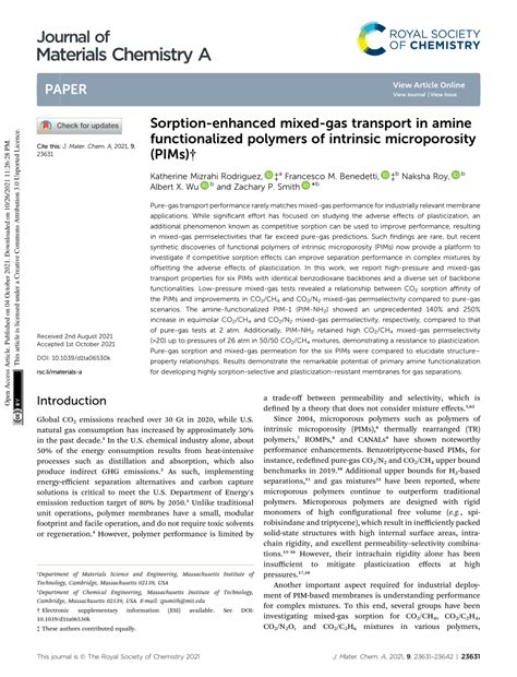 Pdf Sorption Enhanced Mixed Gas Transport In Amine Functionalized Polymers Of Intrinsic
