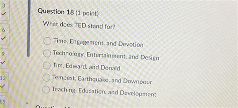 Solved Question 18 1 Point What Does TED Stand For Time Chegg Com