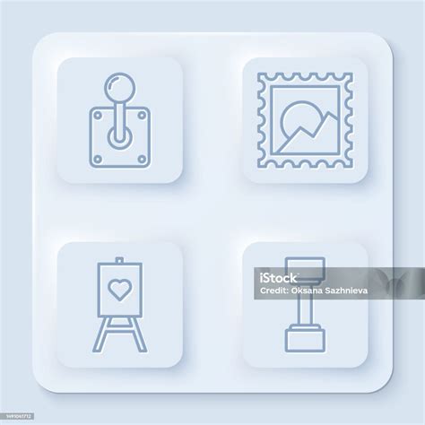 아케이드 기계 그림 풍경 나무 이젤 또는 페인팅 아트 보드 및 덤벨을 위한 라인 조이스틱을 설정합니다 흰색 사각형 버튼입니다 벡터 Brand Name Video Game에