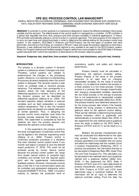 Pdf Cpe622 Process Control Practice Pid Tuning Lab Manuscript