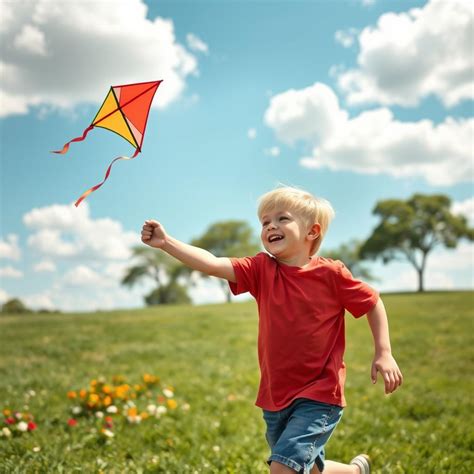 Catch The Breeze A Joyful Boy Flying His Kite