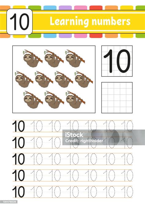 숫자를 추적하고 작성합니다 필기 연습 아이들을위한 학습 번호 워크시트를 개발하는 교육 활동 페이지입니다 유아를위한 게임 귀여운 만화 스타일의 고립 된 벡터 일러스트레이션 0