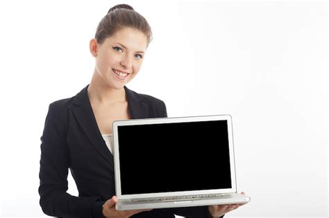 Premium Photo Businesswoman Show Blank Screen Of Her Laptop