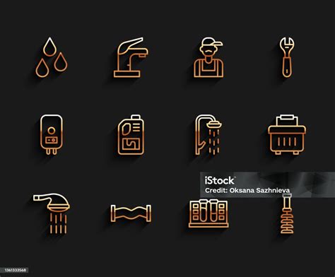 세트 라인 샤워 산업 금속 파이프 물 방울 물 화장실 브러시 드레인 클리너 병 도구 상자 및 아이콘테스트 튜브 벡터 건강 검진에 대한 스톡 벡터 아트 및 기타 이미지