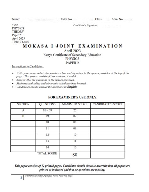 2023 Form Four Physics Paper 1 3 Mokasa I Mock Exams With Marking Schemes Elimu Cloud Notes