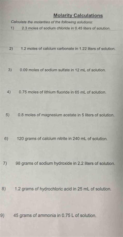 molarity calculations calculate the molarities of the following