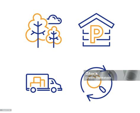 트럭 운송 나무와 주차 아이콘을 설정 합니다 검색 기호입니다 배달 산림 식물 차고 결과를 찾으십시오 벡터 고급에 대한 스톡 벡터