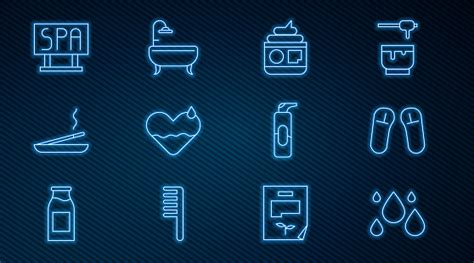 세트 라인 물방울 슬리퍼 크림 또는 로션 화장품 튜브 심장 치유 향기로운 스파 스틱 스파 살롱 간판 헤어 스프레이 및 욕조 아이콘용 스프레이 캔 벡터 0명에 대한 스톡 벡터