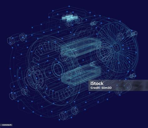 어두운 배경에 발광 조명이있는 파란색 선으로 만들어진 엔진 와이어 프레임 아이소메트릭 보기 3d 벡터 일러스트레이션 와이어