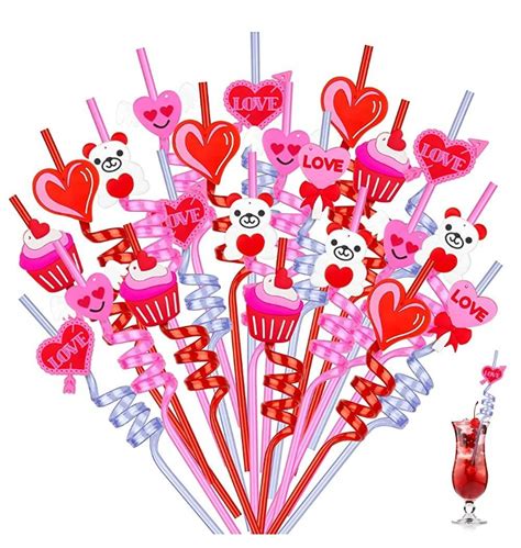 24피스 발렌타인 음료 빨대 재사용 가능한 레드 러브 하트 크레이지 루프 데이 학교 파티 장식 결혼식 처녀 티몬