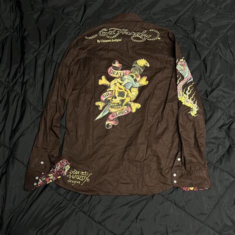 Brown Ed Hardy Button Up Shirt Feel Free To Send Depop