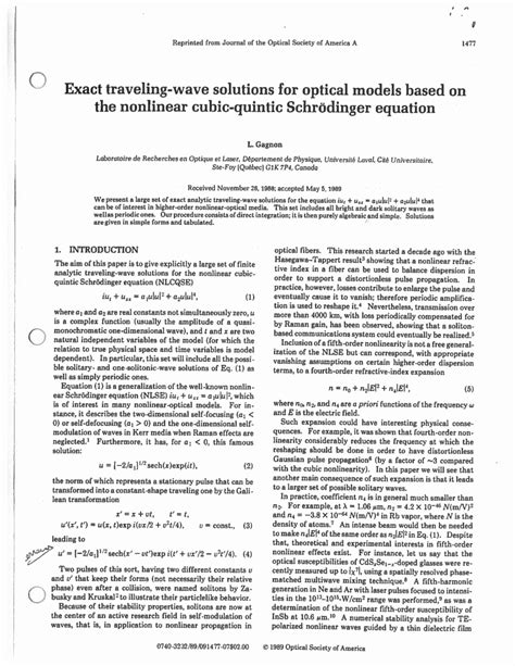 Pdf Exact Traveling Wave Solutions For Optical Models Based On The Nonlinear Cubic Quintic